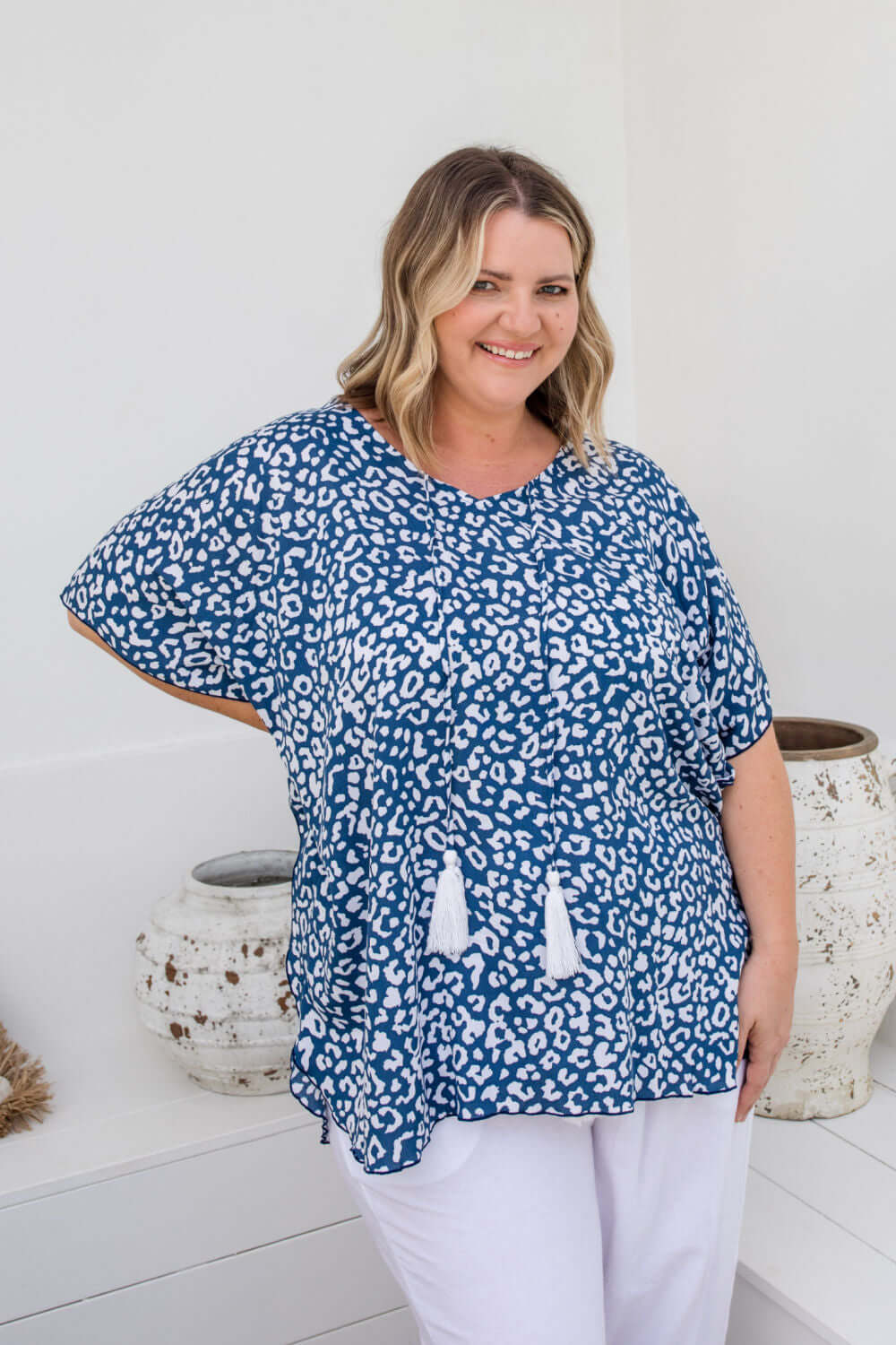 Kaftan Top - Blue & White Leopard Design - Holley Day Australia